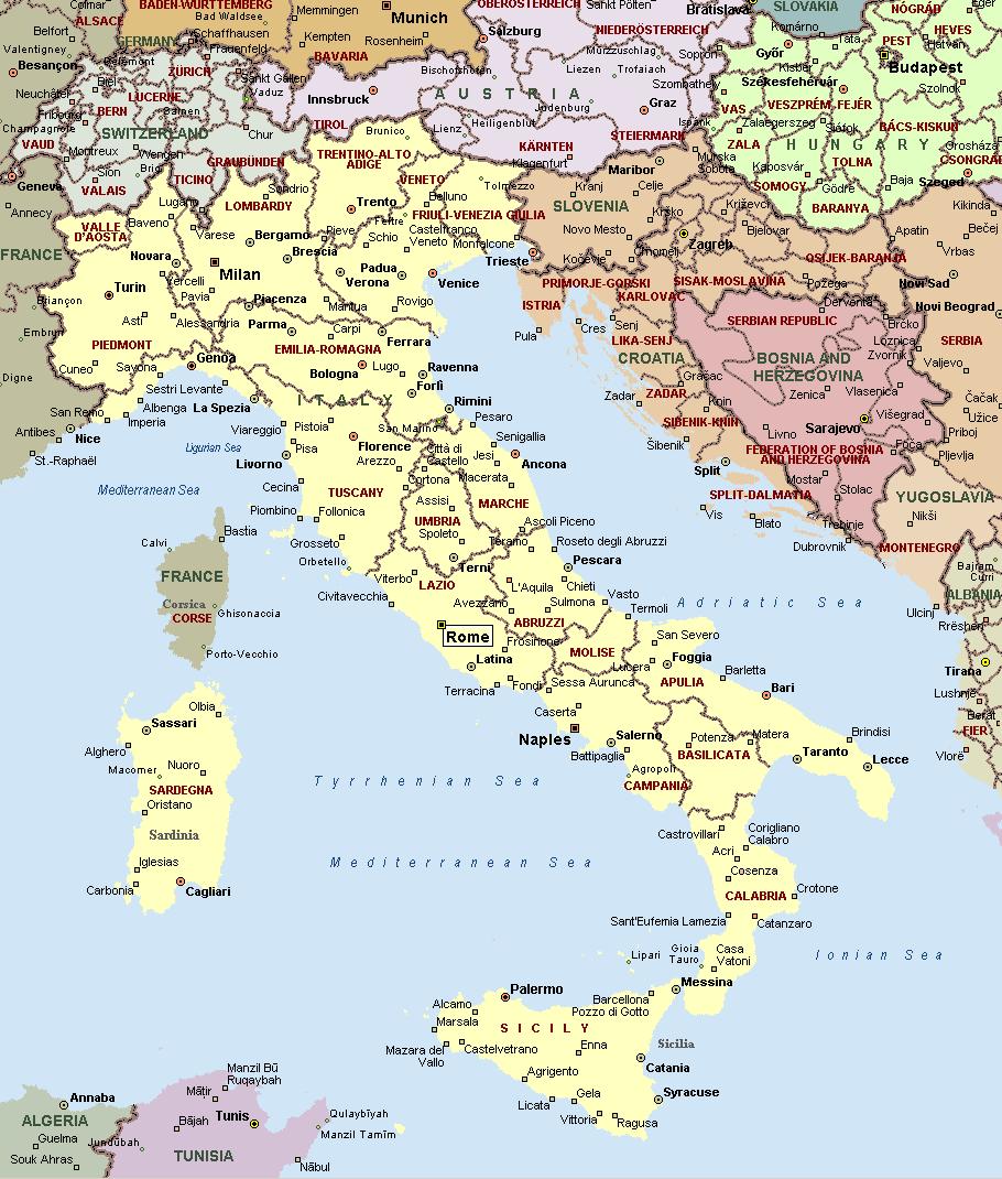 Vestkysten af Italien kort - Kort over Italien vest-kyst (Syd Europa ...